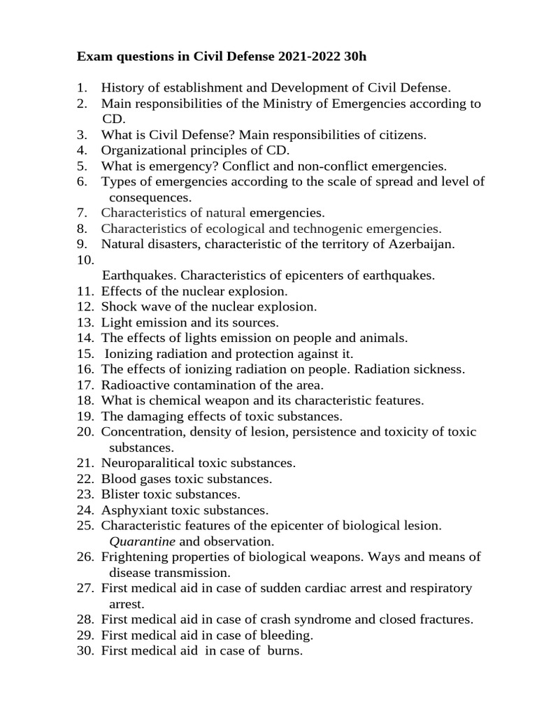Civil Defense Exam Questions 2021-2022 | PDF
