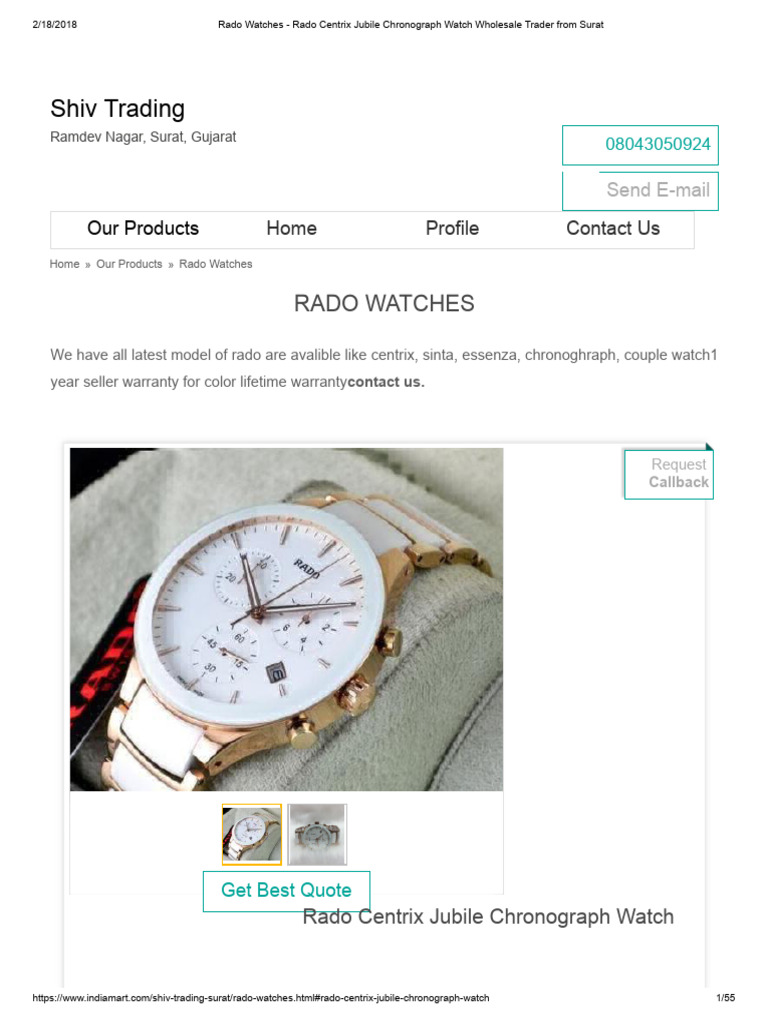 Shiv Trading - Rado Watches - Rado Centrix Jubile Chronograph Watch Wholesale Trader from Surat ...