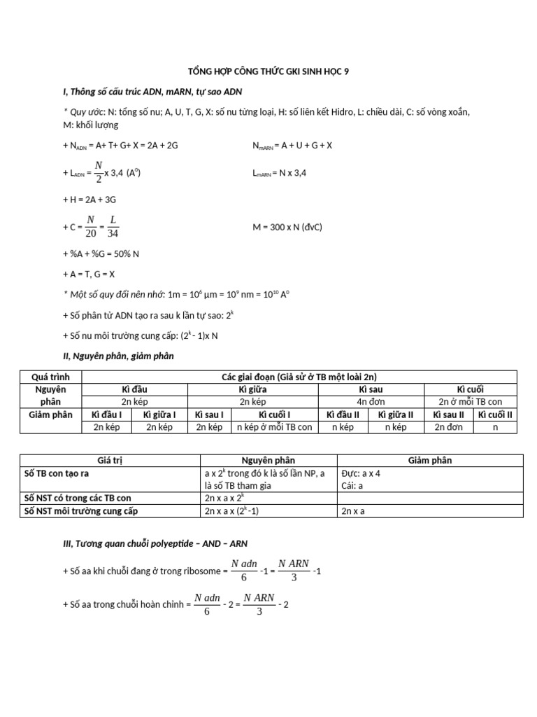 TỔNG HỢP CÔNG THỨC GKI SINH HỌC 9 | PDF