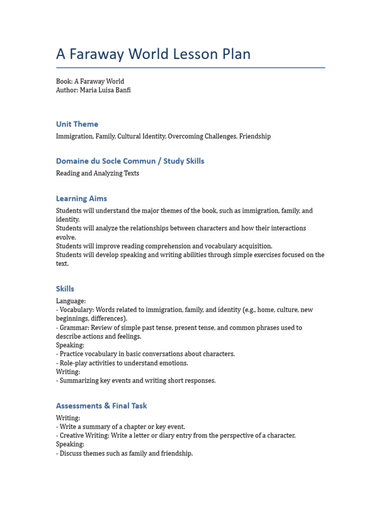 A FARAWAY WORLD Study Plan | PDF | Vocabulary | Identity (Social Science)