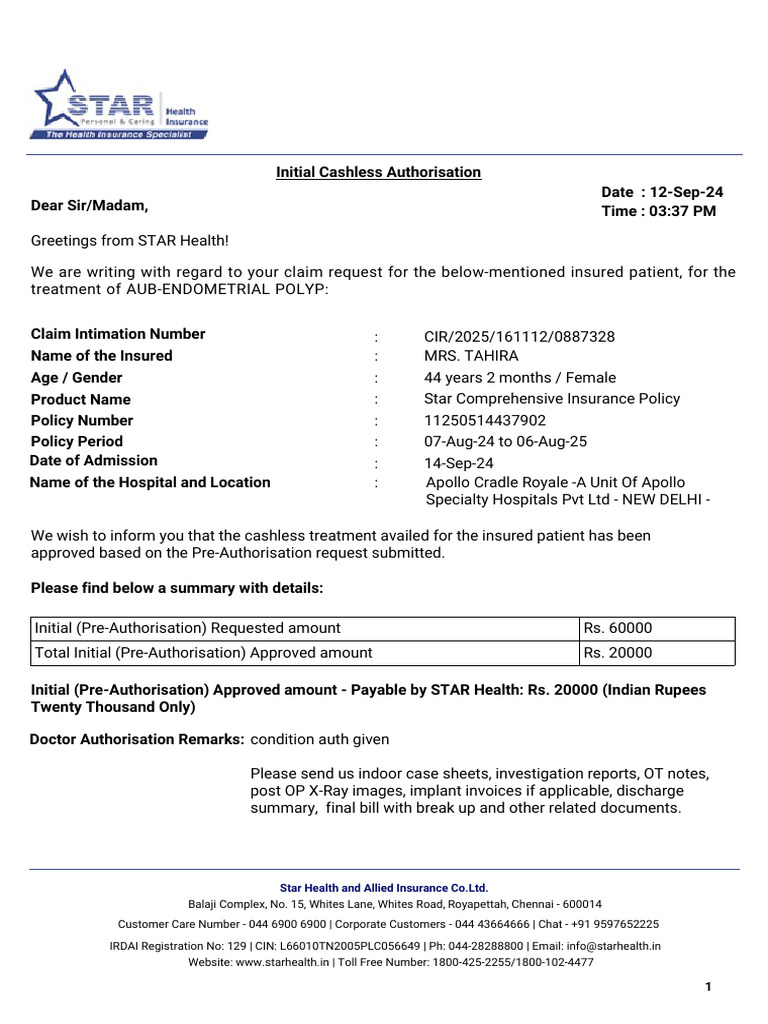 Star Health Cashless Treatment Approval | PDF | Insurance | Physician