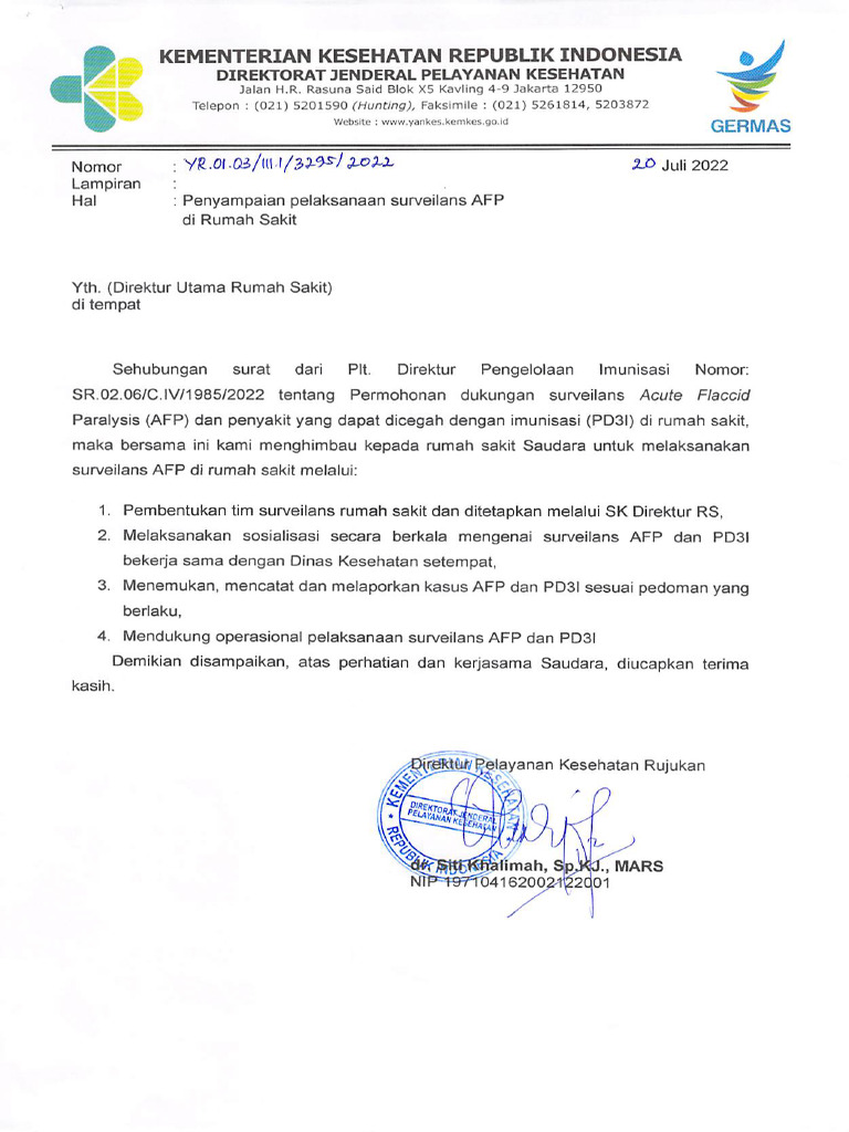 SE Penyampaian Pelaksanaan Surveilans AFP Di RS | PDF