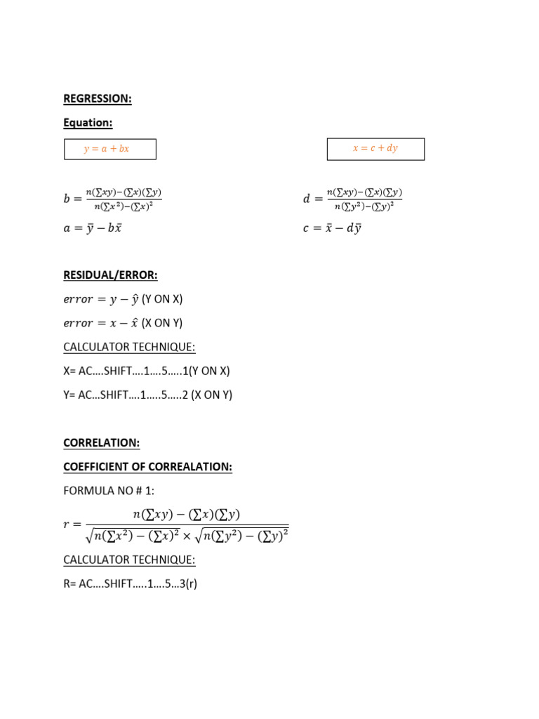 REGRESSION AND CORRELATION (Formulas) | PDF