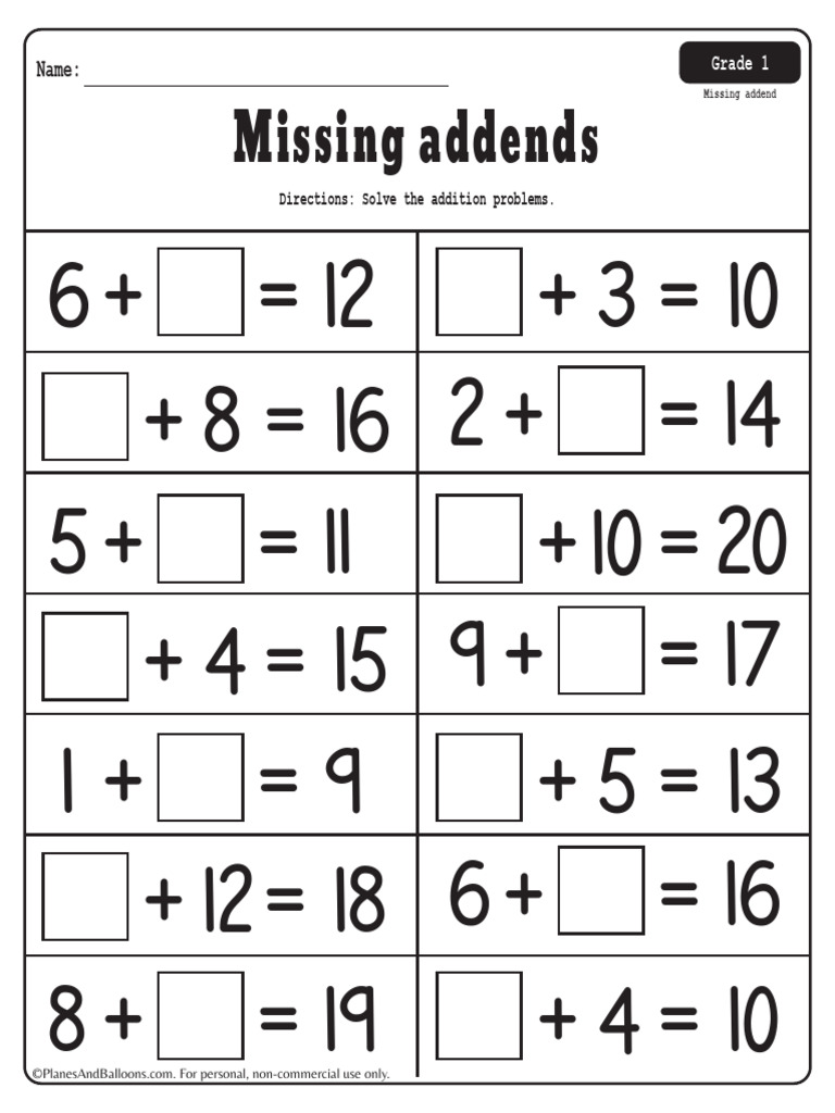 Missing addend addition worksheets first grade | PDF