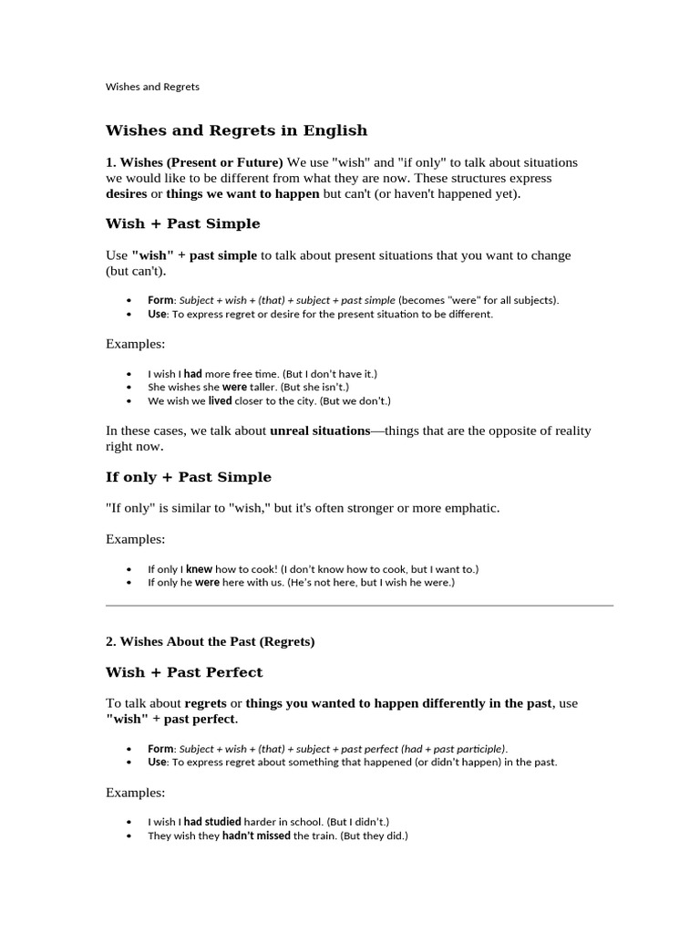 Understanding Wishes and Regrets in English | PDF | Grammatical Tense ...