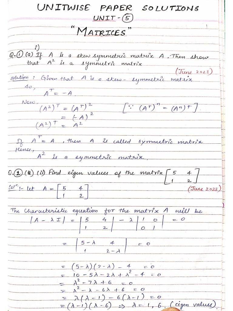 PYQ UNIT 5 MATRICES Mathematics - I | PDF
