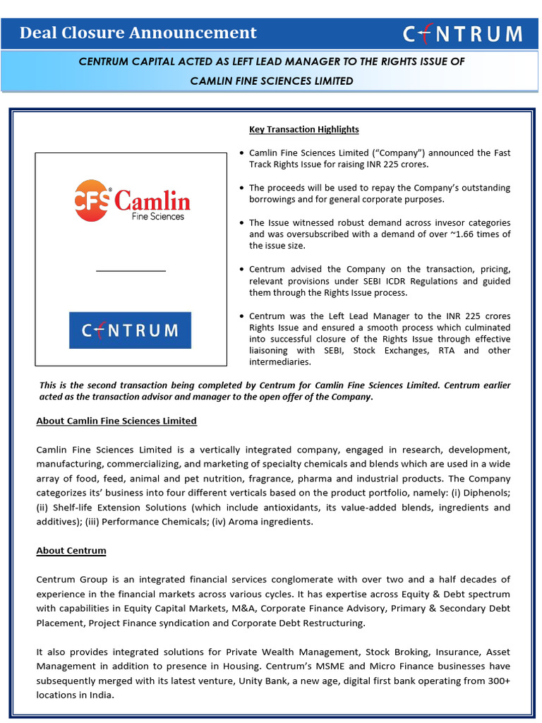 Deal Closure Announcement - CFSL - Rights Issue | PDF | Money | Business Economics