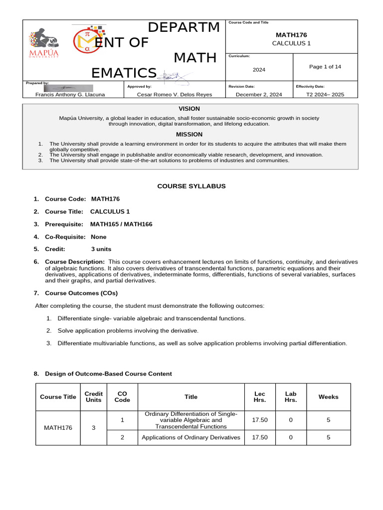 MATH176 Blended 2T AY 2024-2025 Syllabus | PDF | Derivative | Integral