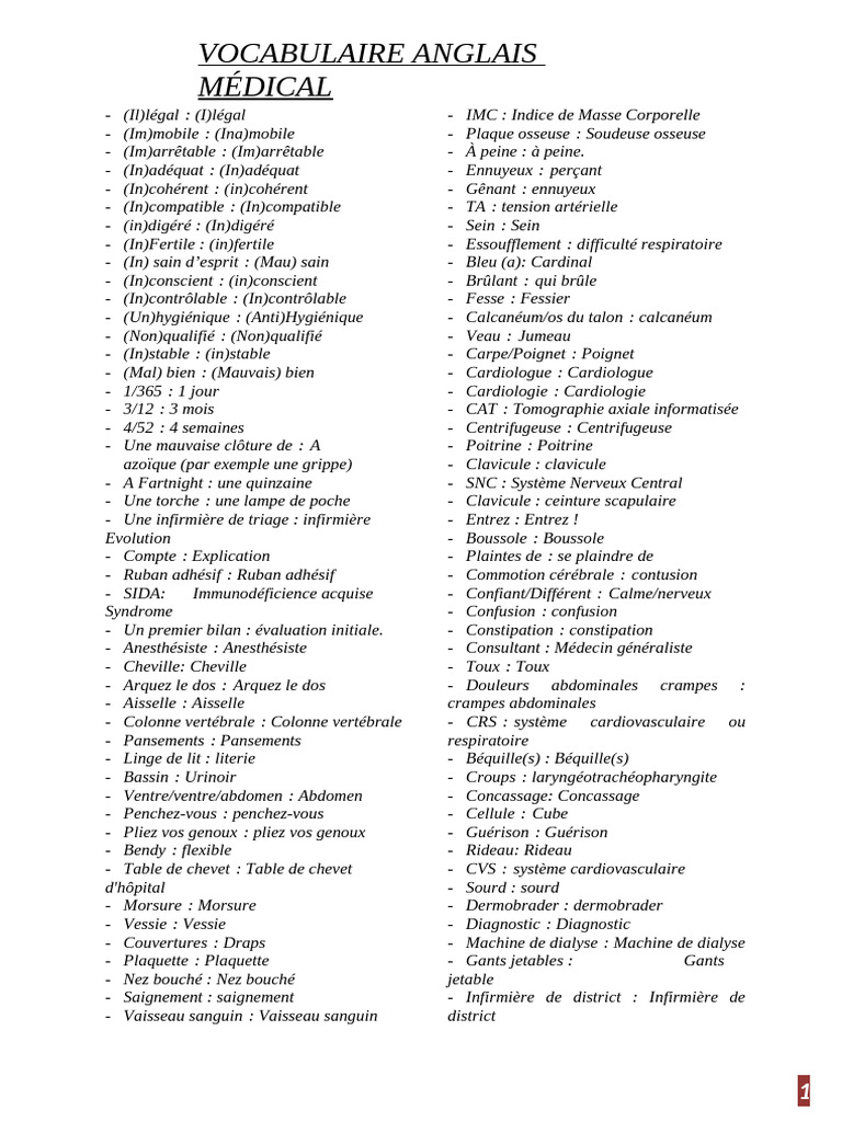 Vocabulaire médical en anglais PDF | PDF | Soins de santé | Médecine