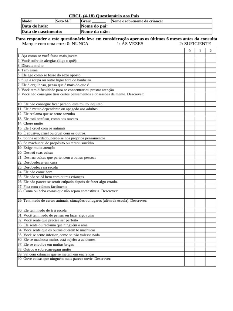 Questionário CBCL para Pais | PDF | Medição | Depressão