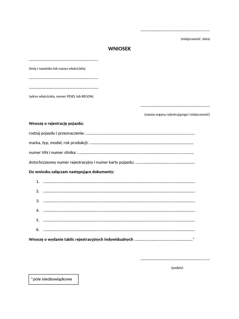 Wniosek Rejestracja Pojazdu WZ R | PDF