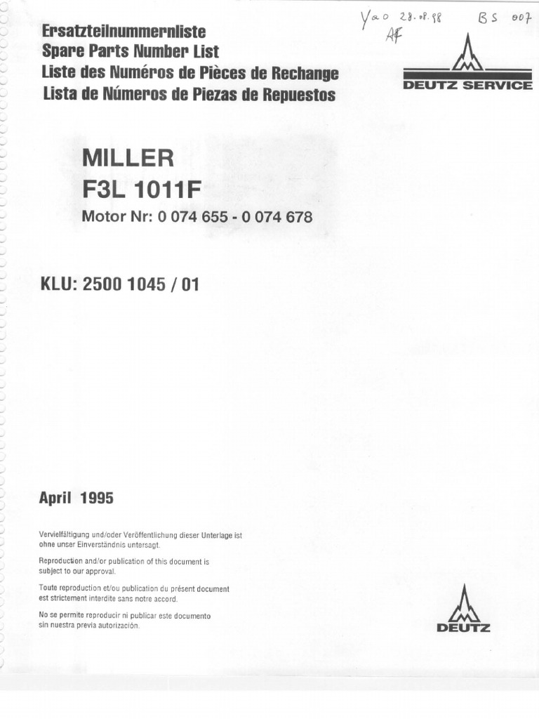 Despiece Motor Deutz F3L 1011F (Año Abril 1995) | PDF