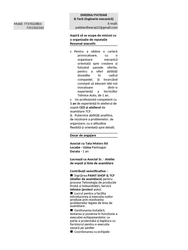 Inginer Mecanic Senior La Tata Motors Linia de Asamblare Și Vopsitorie ...