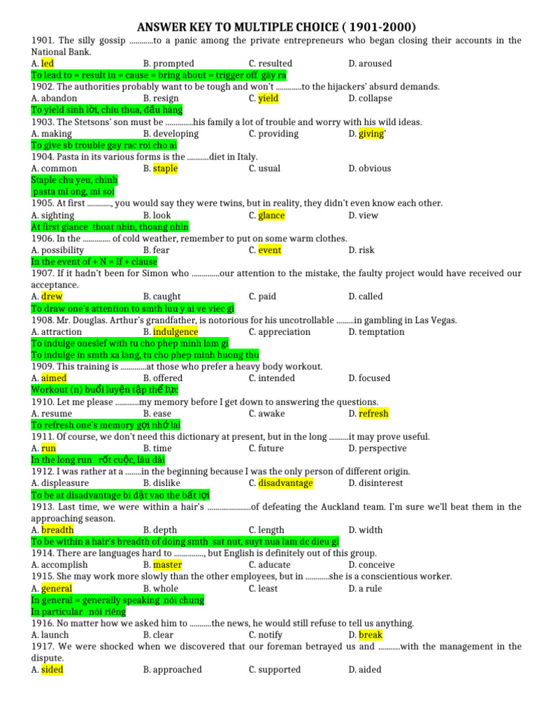 Answer Key To Multiple Choice 1901 2000 | PDF