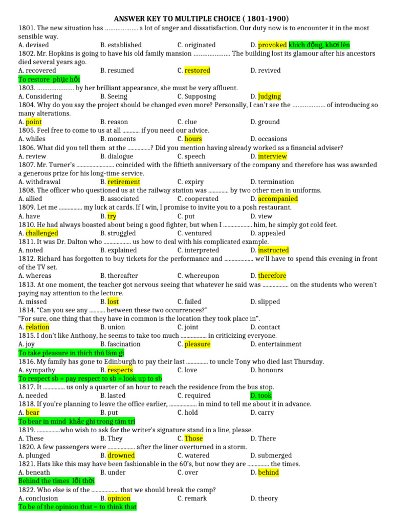 Answer Key To Multiple Choice 1801 1900 | PDF | Vietnam