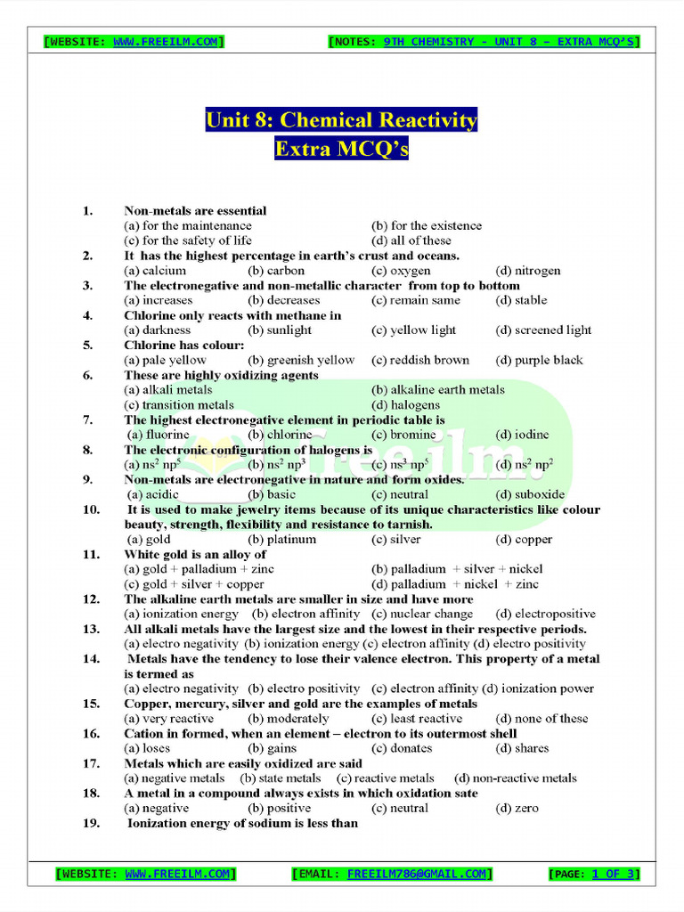 9th Chemistry Ch8 MCQ's | PDF