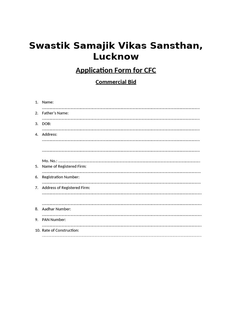 CFC Application Form - Swastik Samajik Vikas | PDF