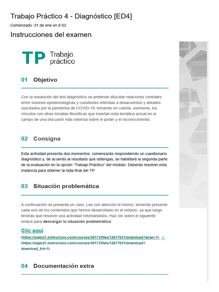 Examen - Trabajo Práctico 4 - Diagnóstico (ED4 CARLOS P) 100% - DIAGNOSTICO S21 | PDF ...