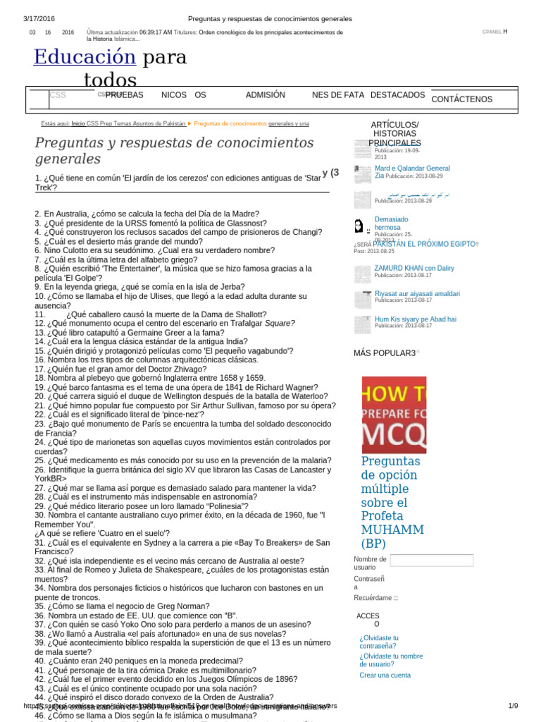 Preguntas y Respuestas de Conocimientos Generales | PDF
