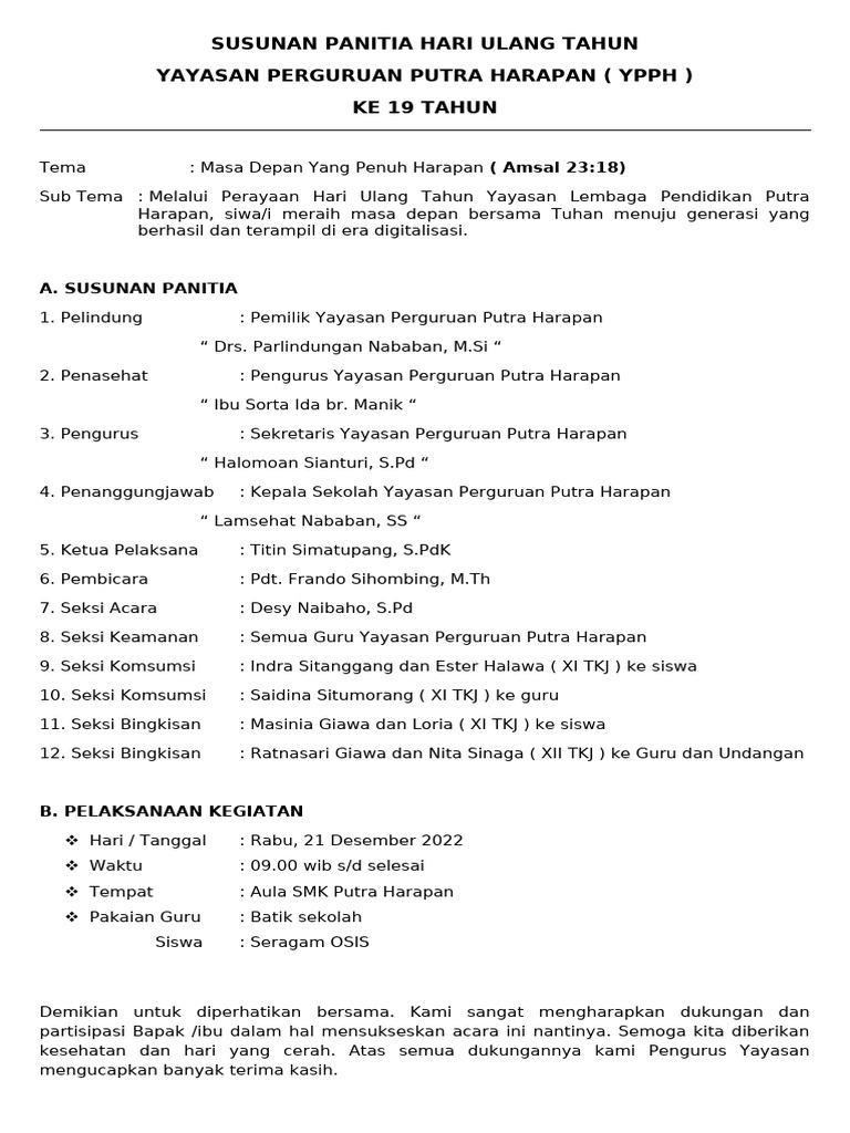 Susunan Panitia Hari Ulang Tahun Ypph, 21 Des 2022 | PDF