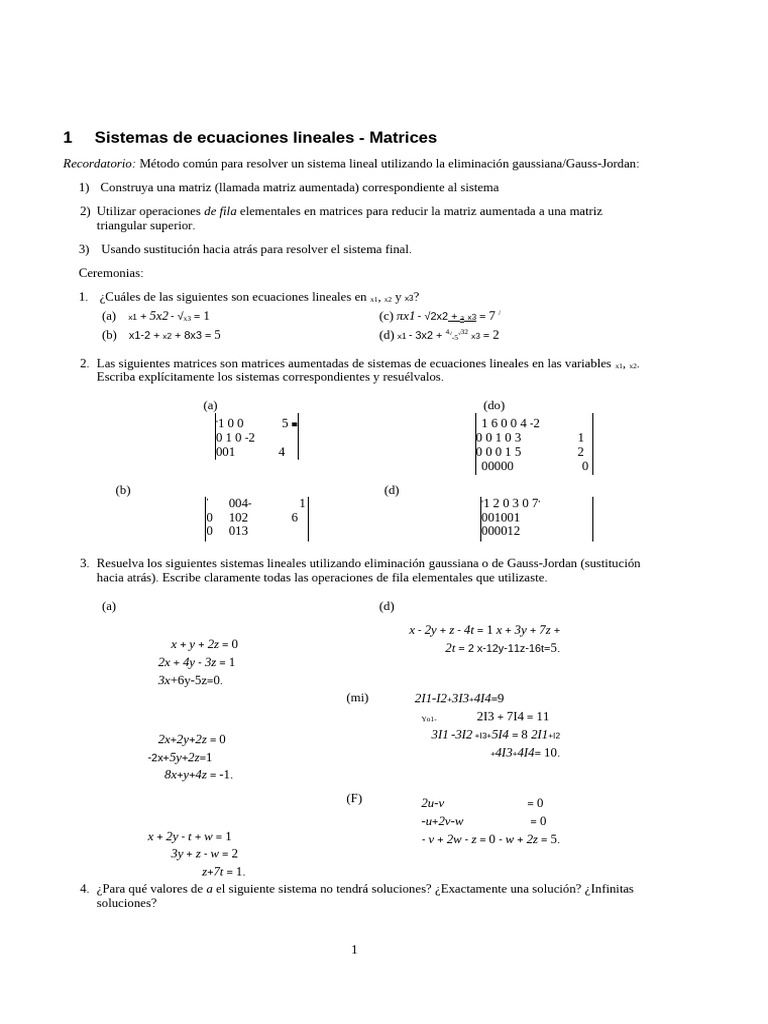 Ejercicios 1 Sistemas de Ecuaciones Lineales, Matrices | PDF | Matriz (Matemáticas) | Ecuaciones