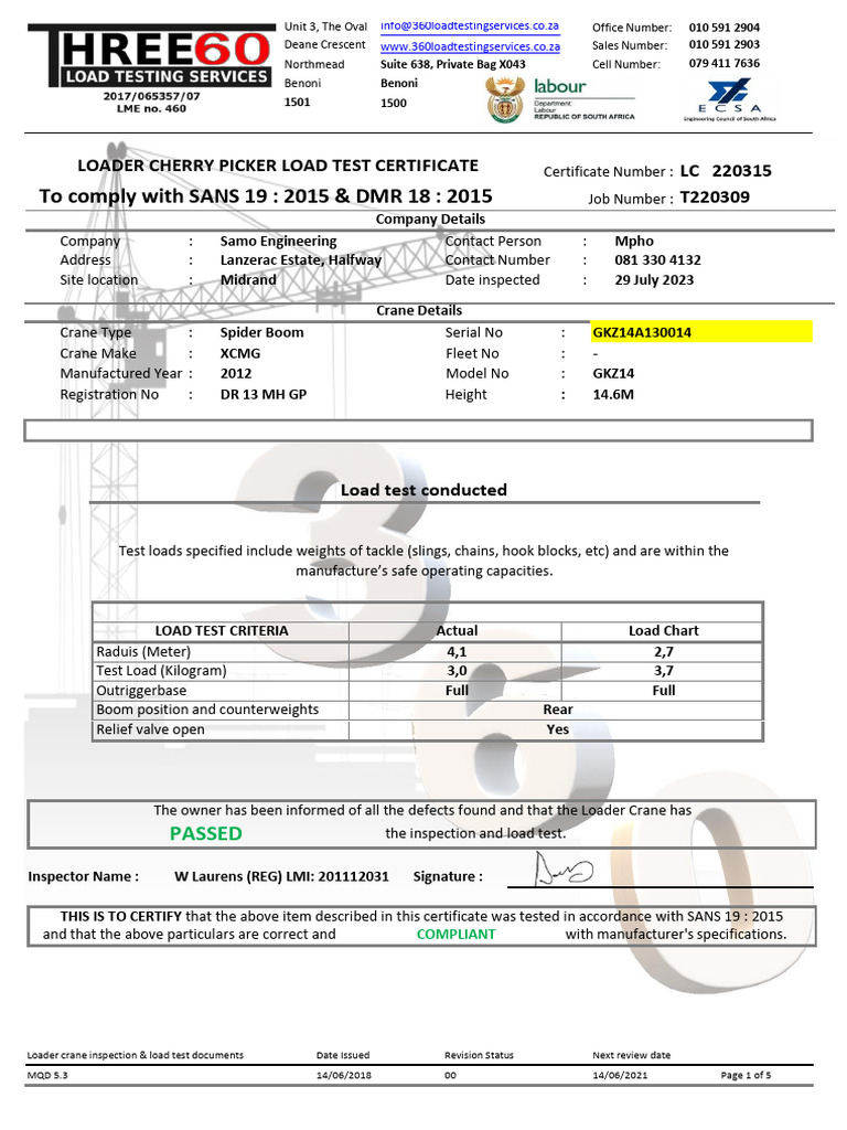 Loader Crane Load Test Certificate | PDF | Crane (Machine) | Wear