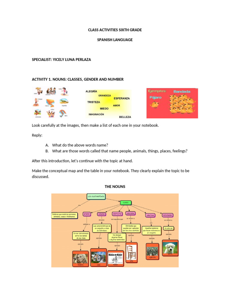 Class Activities Sixth Grade | PDF | Grammatical Gender | Noun