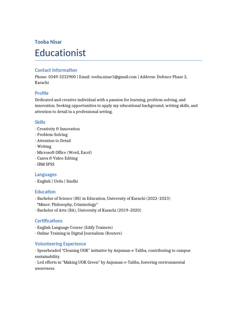 Tooba Nisar Resume | PDF
