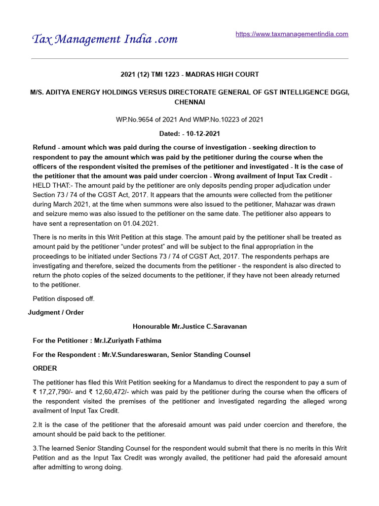 DGGI vs. Aditya Energy Holdings Case | PDF | Writ | Mandamus