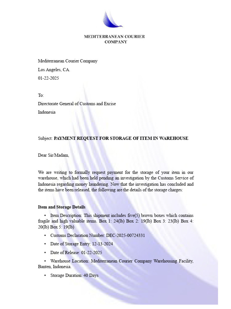 Payment Request for Storage of Item in Warehouse Doc.pdf | PDF