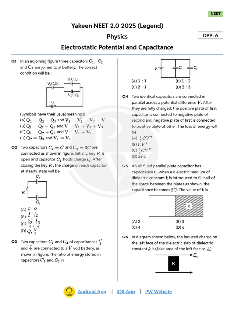 Electrostatic Potential and Capacitance - DPP 06 (Of Lec-11) | PDF | Capacitor | Capacitance