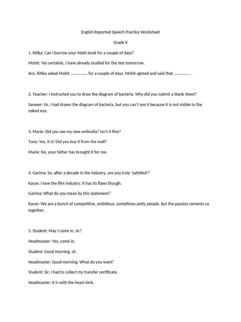 English Reported Speech Practice Sheet | PDF