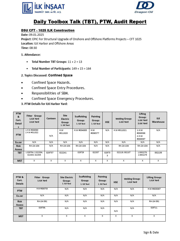 Harbour ILK Construction Daily TBT 09.01.2025 - Onshore and Offshore ...
