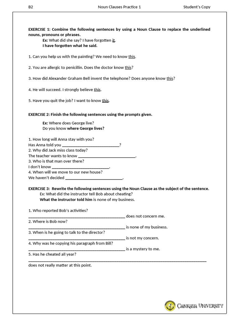Noun Clauses Practice Worksheet | PDF | Clause | Subject (Grammar)