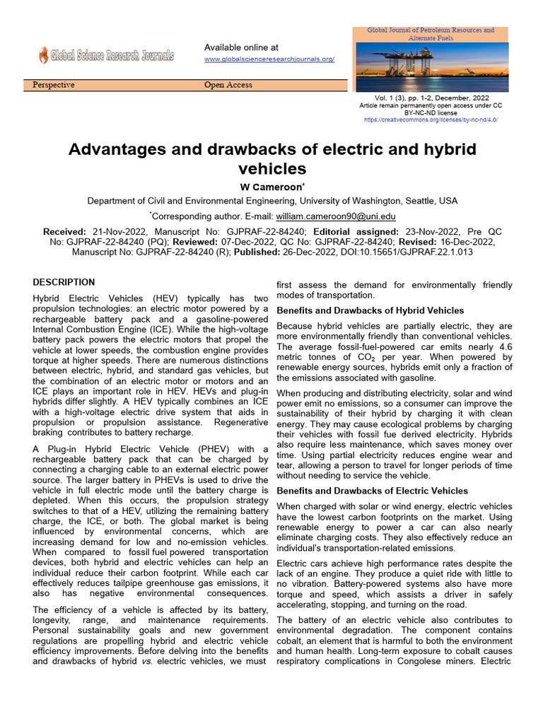 Advantages and Drawbacks of Electric and Hybrid Vehicles | PDF | Hybrid ...