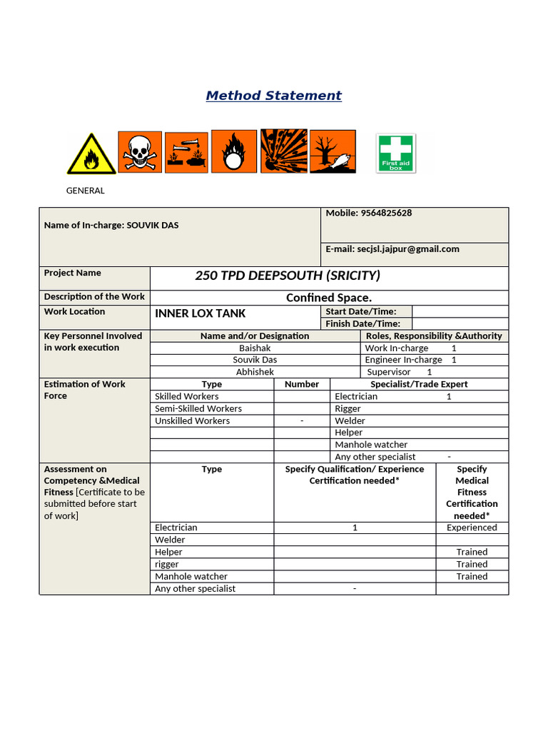 METHOD OF STATEMENT (CONFINED SPACE) | PDF | Safety | Occupational ...