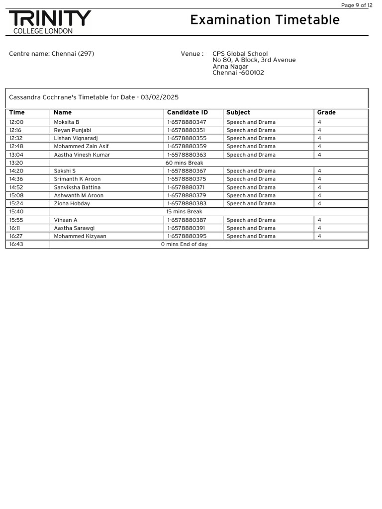 Timetable Report CPS Updated 10-01-25 | PDF