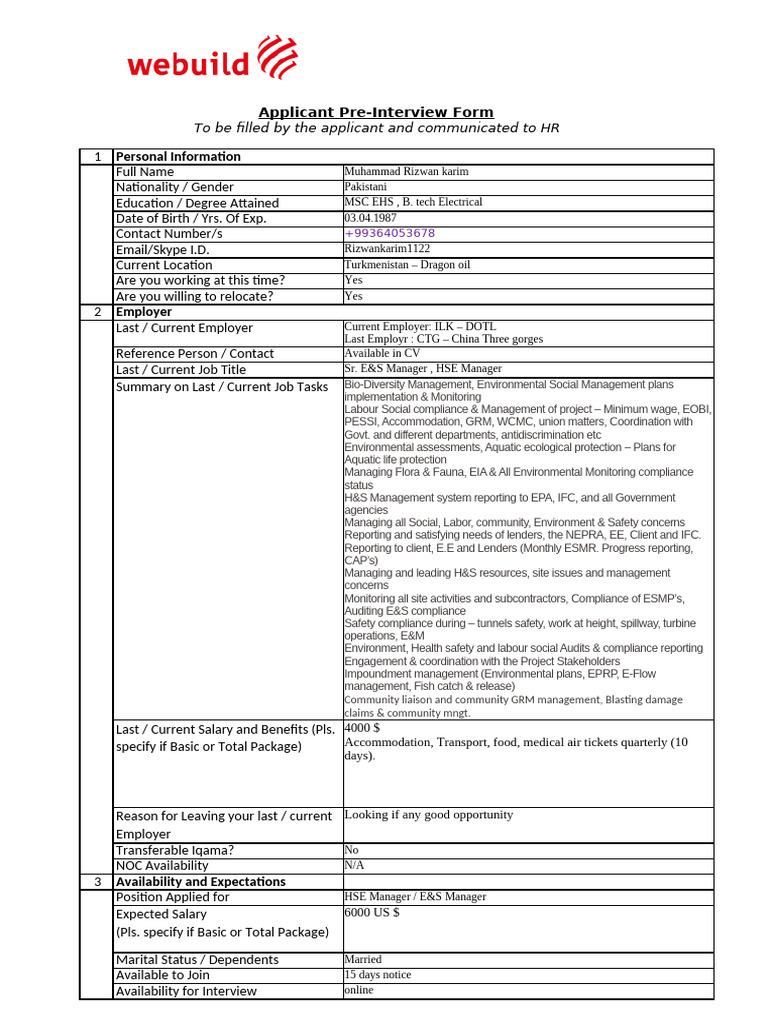 Webuild Pre-Interview Form | PDF | Environmental Impact Assessment | Labor