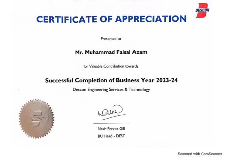 Certificate of Appreciation Descon | PDF