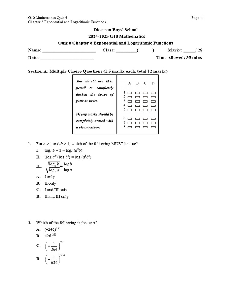 G10 - Chapter 6 - Exponential and Logarithmic Functions - Quiz | PDF | Exponential Function ...