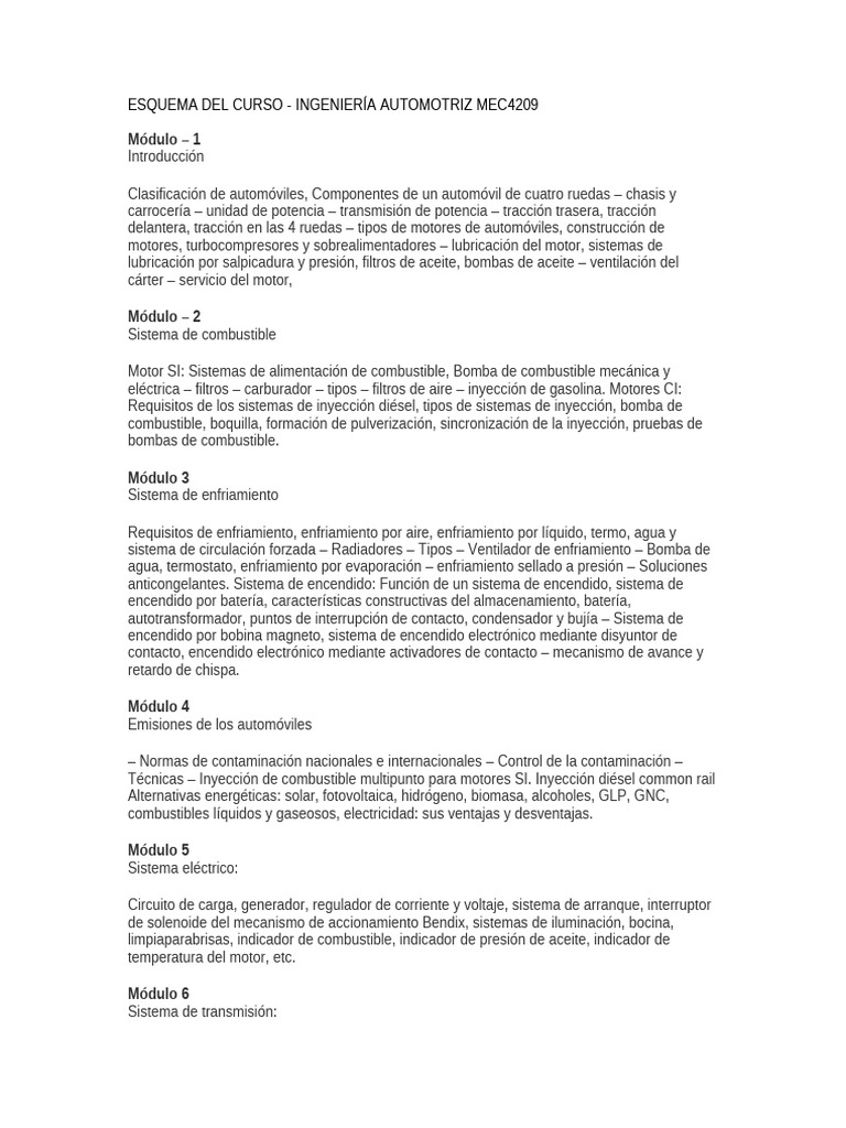 Esquema Del Curso de Automoción | PDF | Inyección de combustible | Embrague