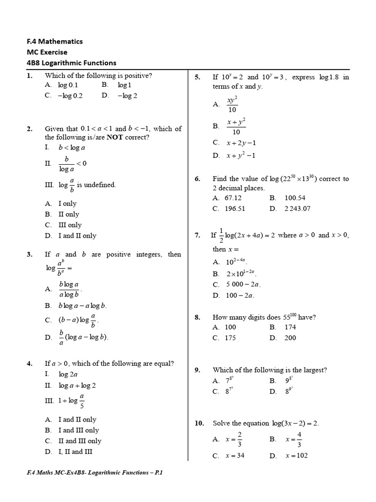 F.4 Maths Logarithmic Functions MCQs | PDF | Logarithm | Mathematics