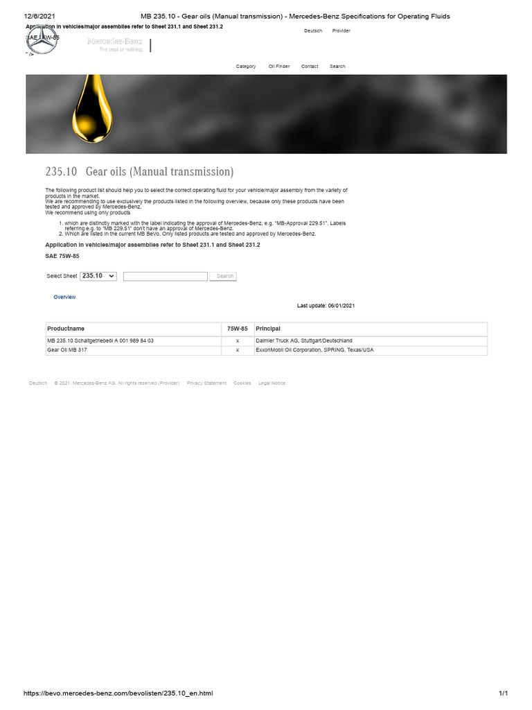 Mercedes-Benz MB 235.10 Gear Oil Guide | PDF