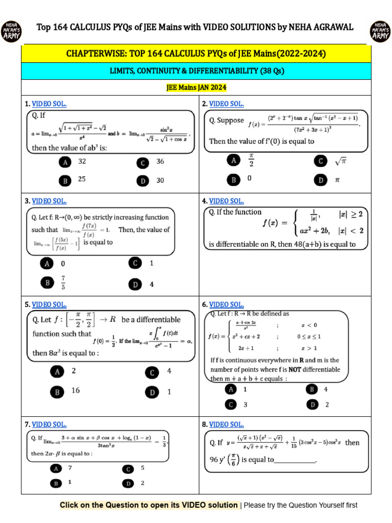Top 164 Calculus Pyqs of Jee Mains (2022-2024) Chapterwise | PDF | Differential Calculus ...