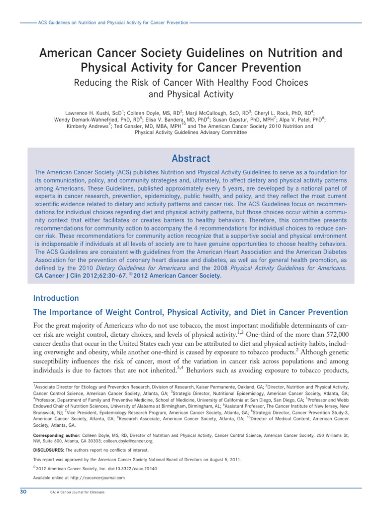 American Cancer Society Guidelines on Nutrition and Physical Activity ...