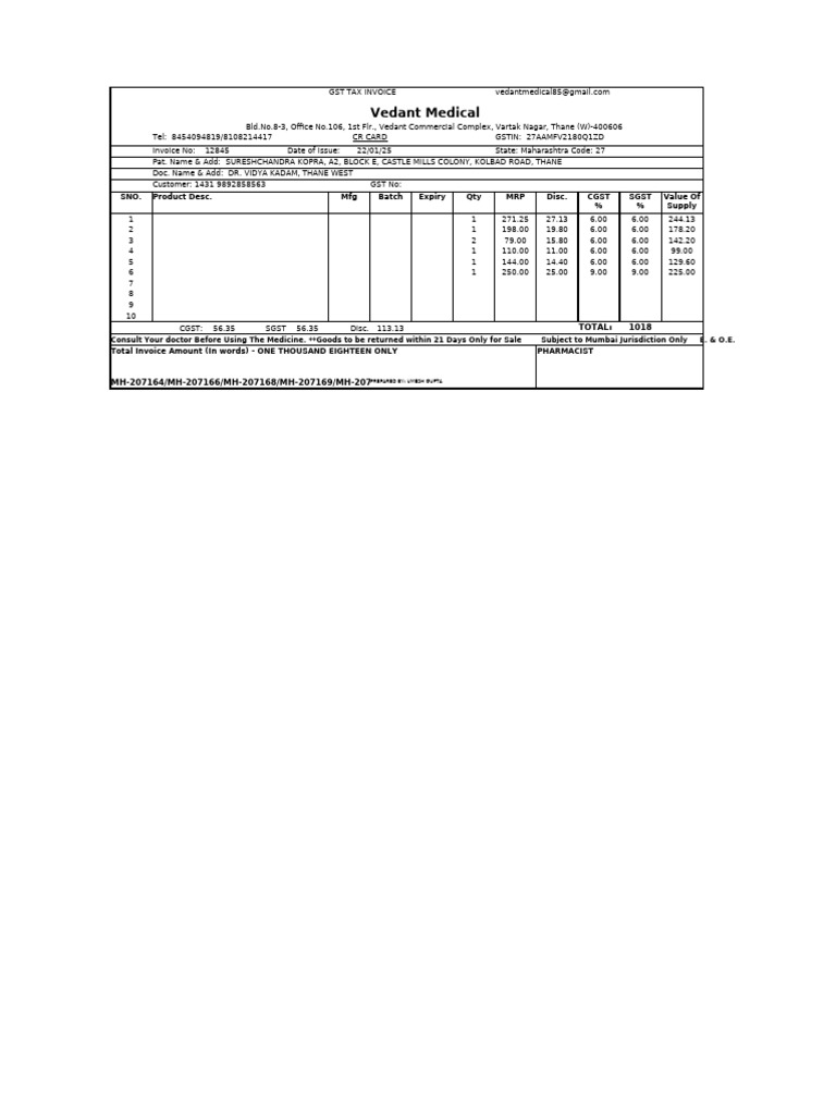Vedant Bill Format | PDF