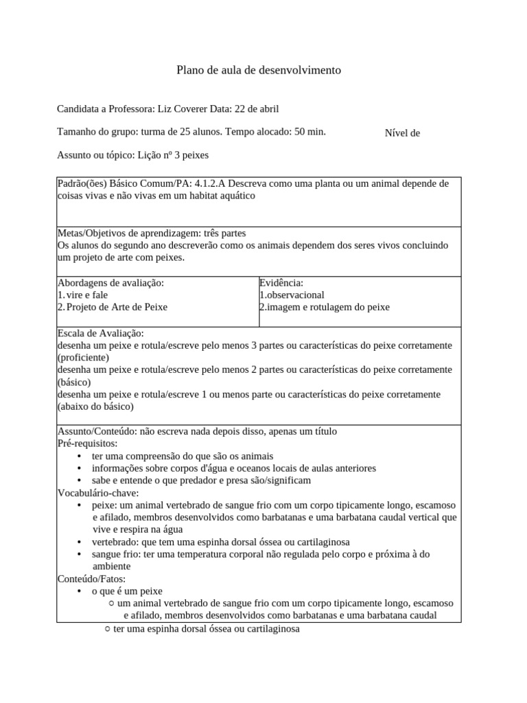 plano de aula de peixe 2 | PDF | Peixes | Vertebrados
