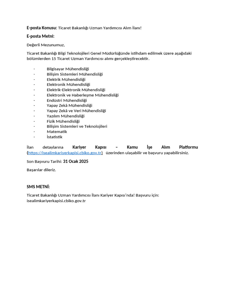 Ticaret Bakanlığı - E-Posta SMS Metinleri | PDF