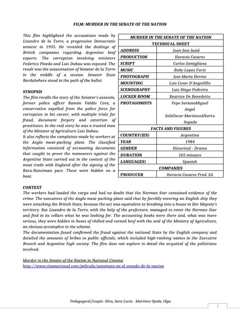 Argentine Senate Murder Film 1935 | PDF