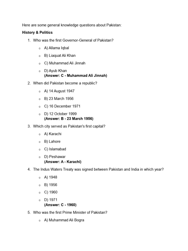 General Knowledge Quiz on Pakistan | PDF | Pakistan | Indus River